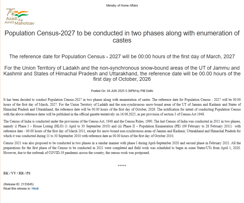 India's First Digital Census With Caste Enumeration Begins October 2026 ...