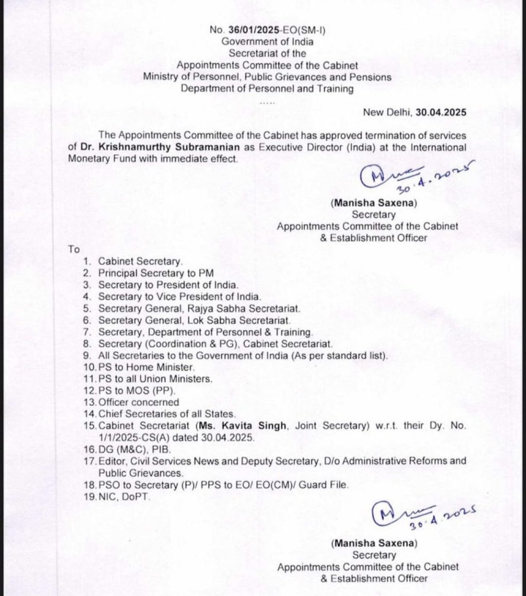 India Terminates KV Subramanian as IMF Executive Director with ...