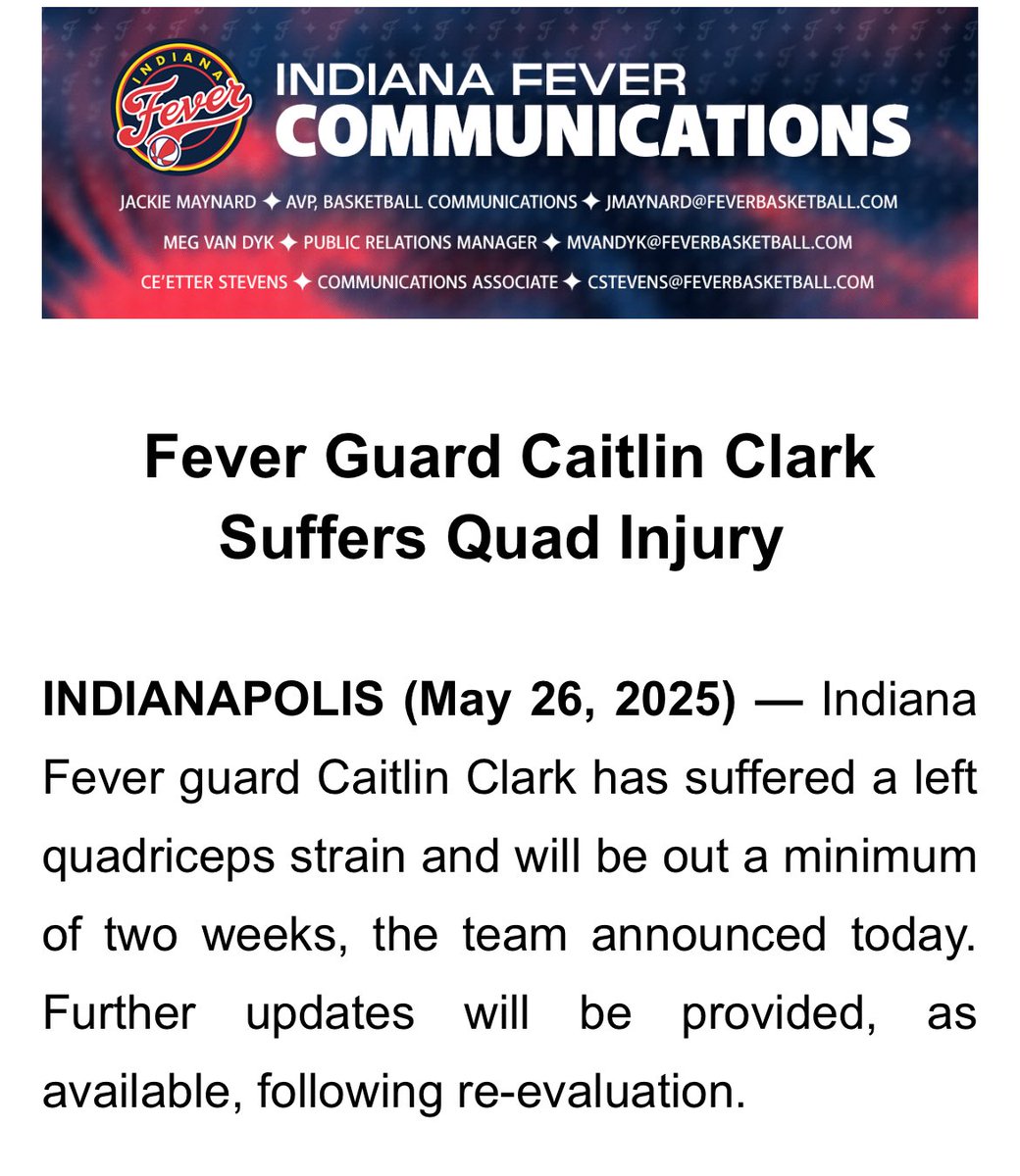 Indiana Fever Starting Guard Caitlin Clark Out Minimum Two Weeks With Left Quad Strain ...