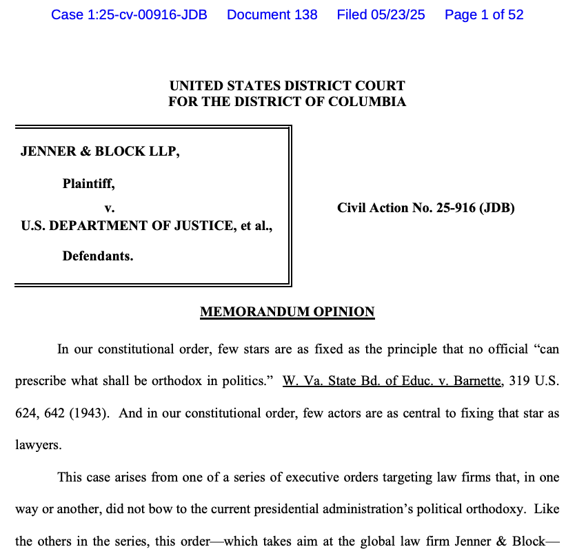 Judge Overturns Trump Executive Order 14246 Targeting Jenner & Block ...