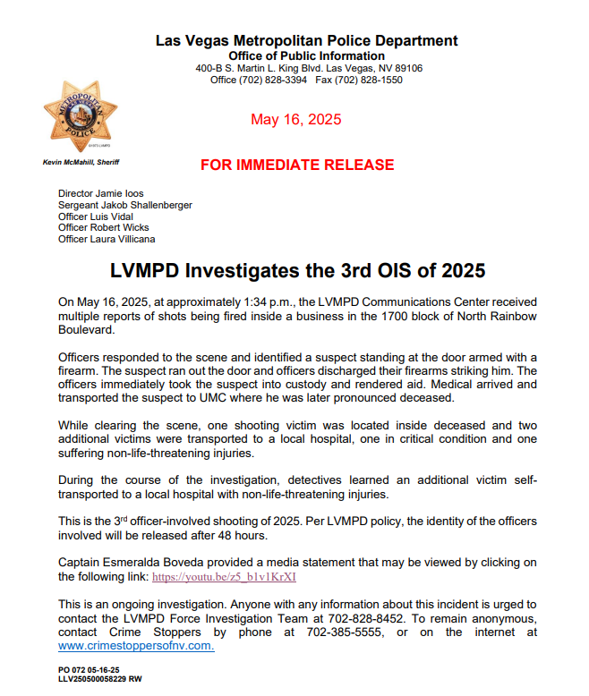 Las Vegas Police Investigate Officer-Involved Shooting and Juvenile Fatal Shooting on North Las ...