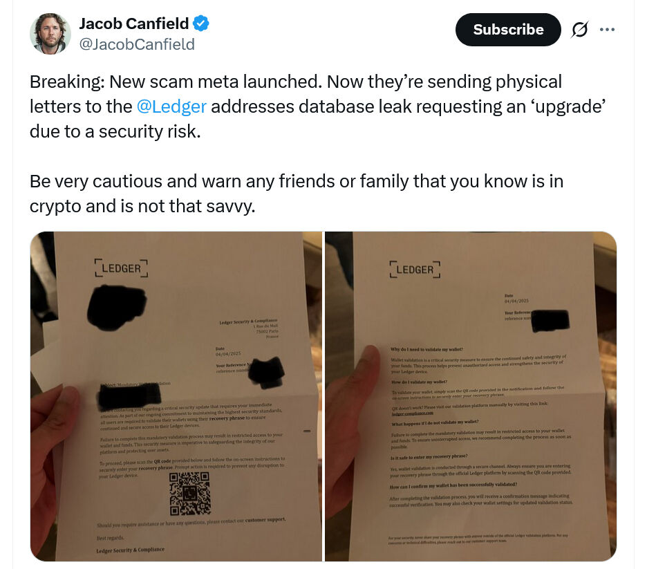 Ledger Warns Users of Fraudulent Letters Amid $100K USDC Loss and $364M ...