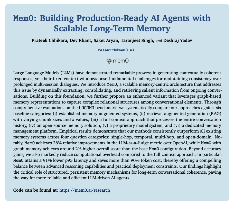 Mem0 AI Agents With Scalable Long-Term Memory Outperform OpenAI by 26%, Achieve 3.5M Downloads ...