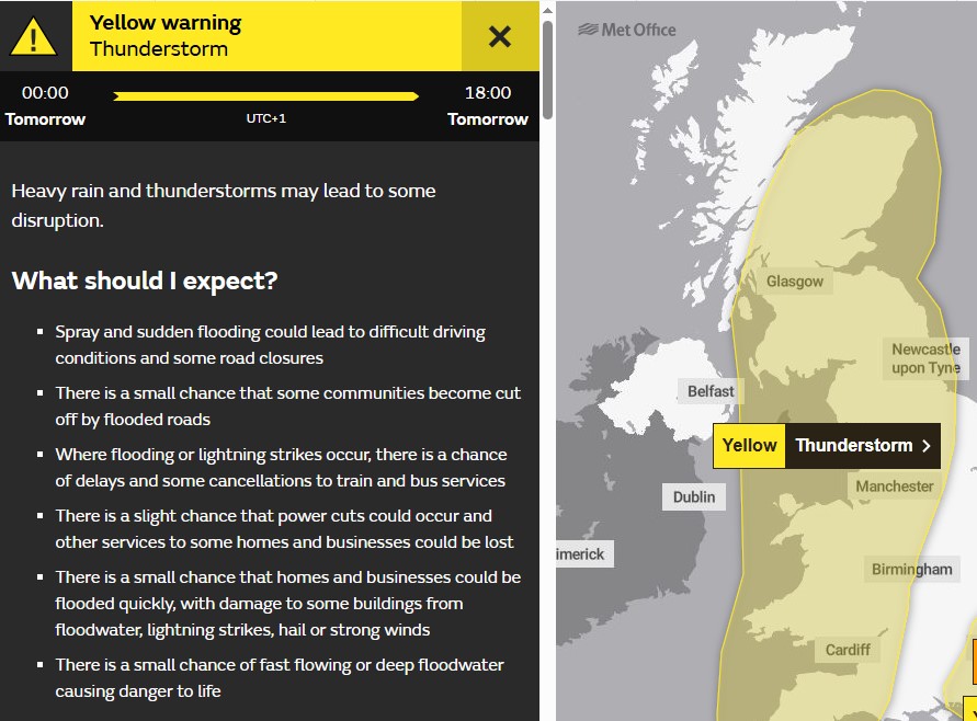 Met Offices Issue Amber and Yellow Thunderstorm Warnings for UK and ...
