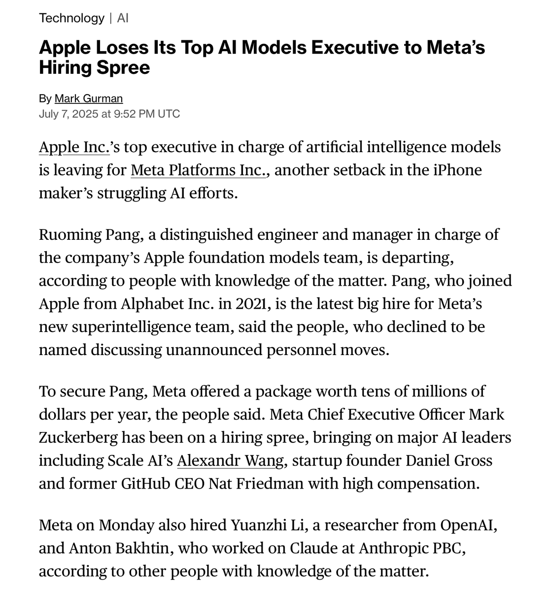Meta Lures Apple’s AI Models Chief Ruoming Pang Amid AI Talent ...