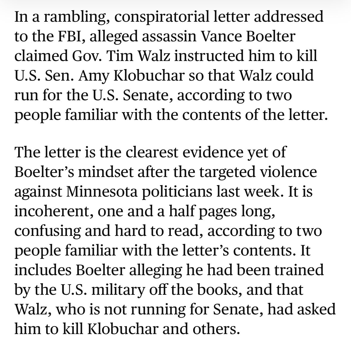 Minnesota Assassin Vance Boelter Claims in FBI Letter Gov. Tim Walz ...