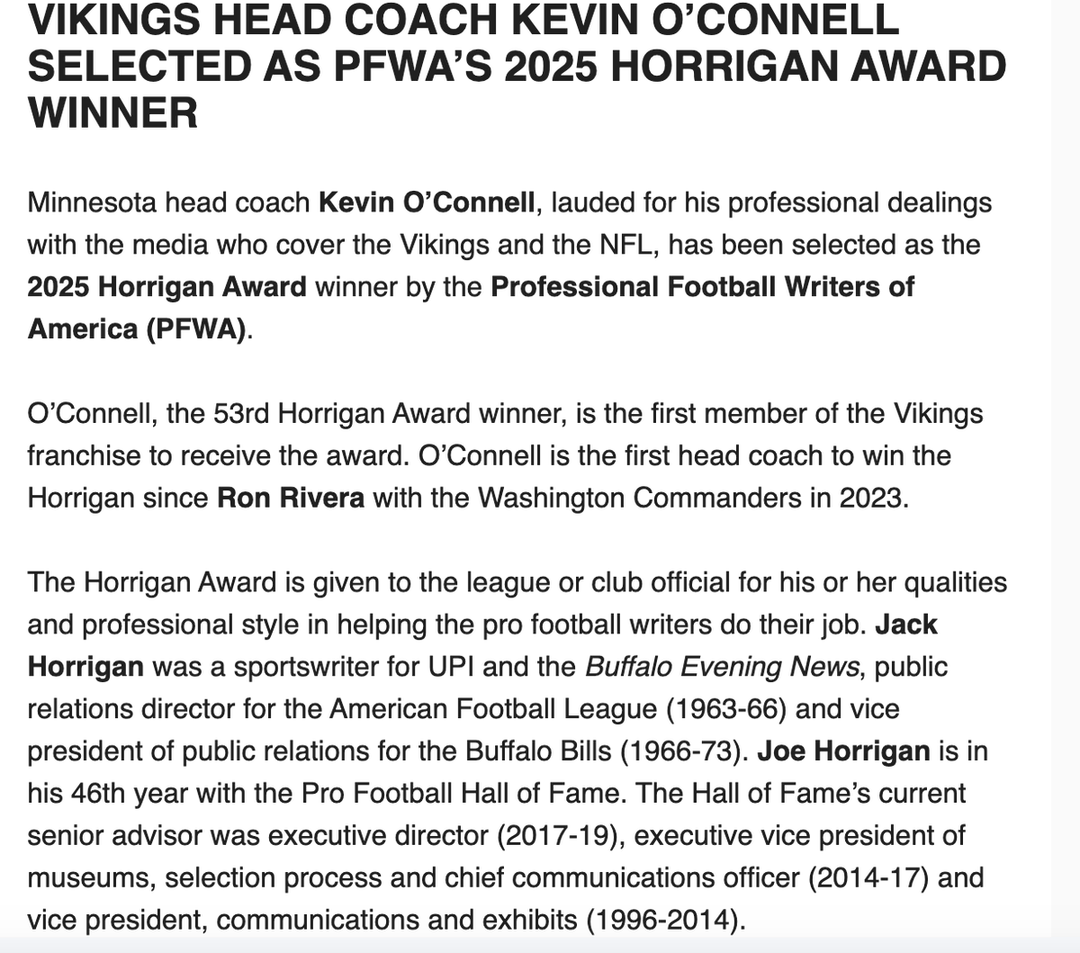 Minnesota Vikings’ Kevin O'Connell Wins 2025 Horrigan Award from ...