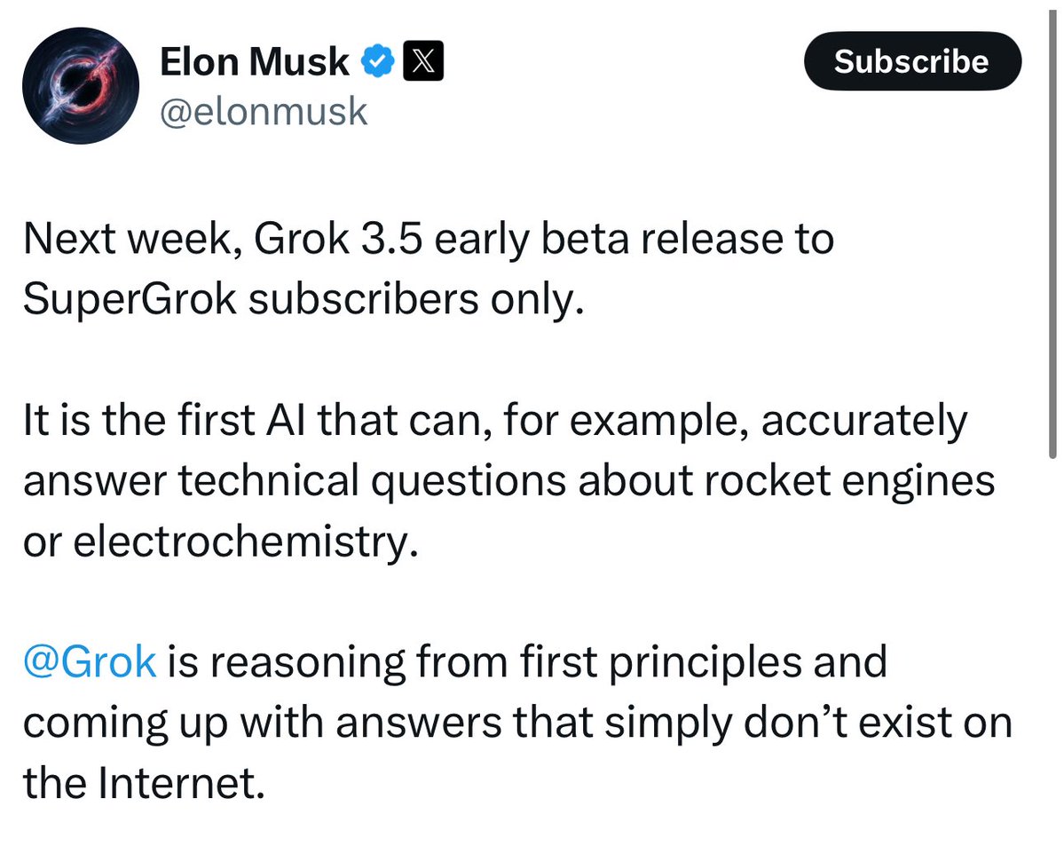 Musk: xAI’s Grok 3.5 Beta to Launch Next Week for SuperGrok Users Only | DeepNewz AI Modeling