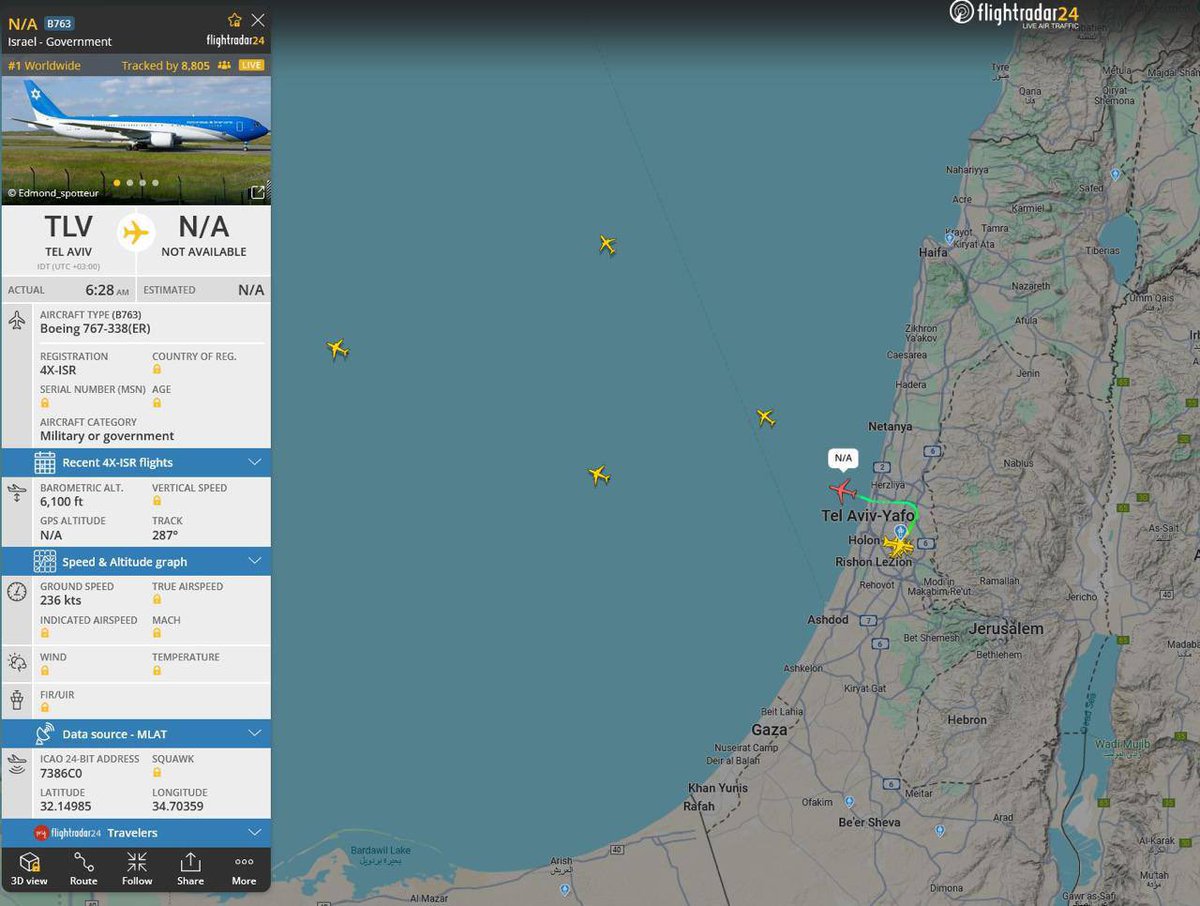 Netanyahu's "Doomsday Plane" Departs Ben Gurion, Circles Mediterranean ...