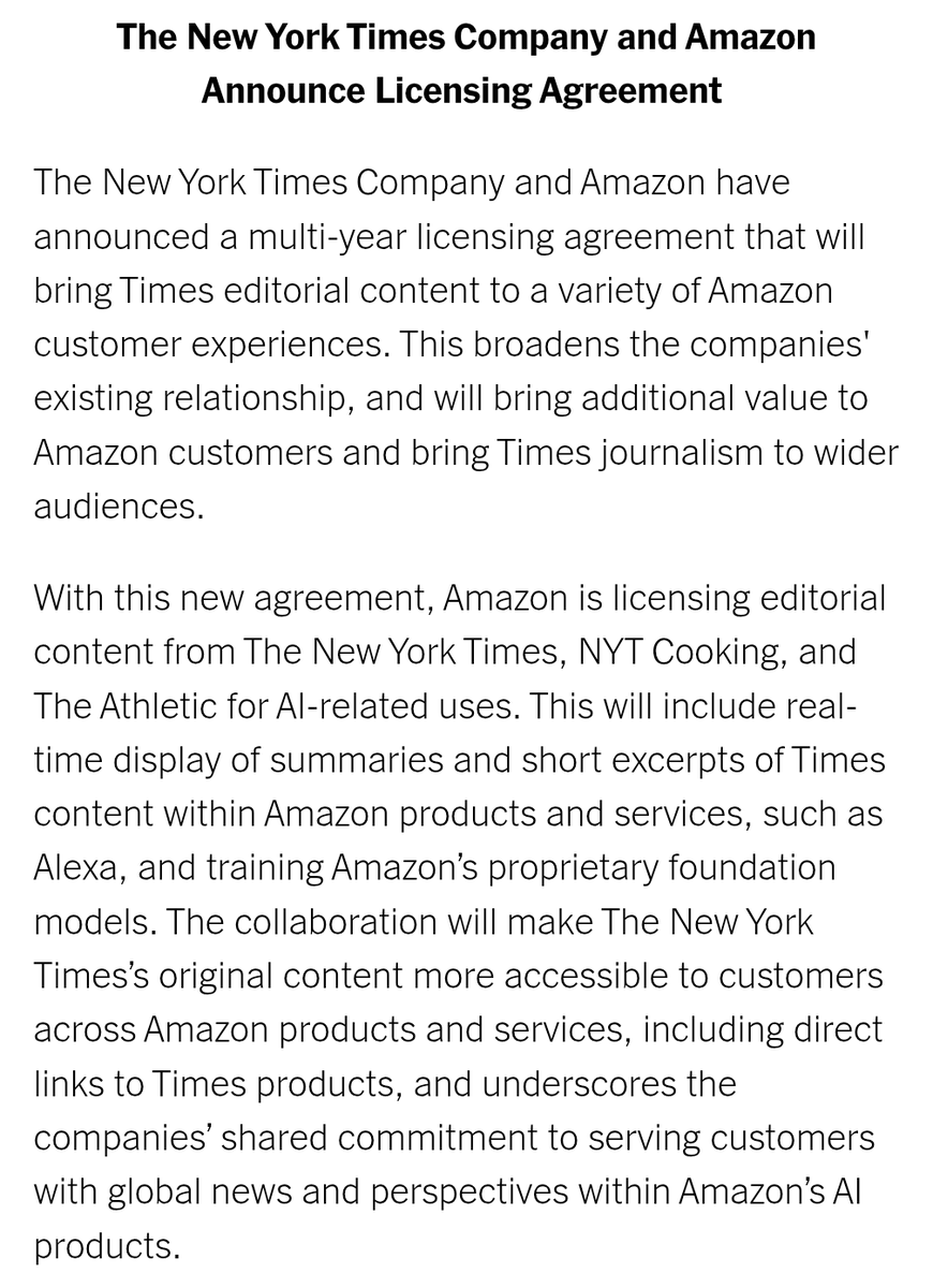 New York Times Licenses Content to Amazon for AI Use, Including NYT Cooking and The Athletic via ...