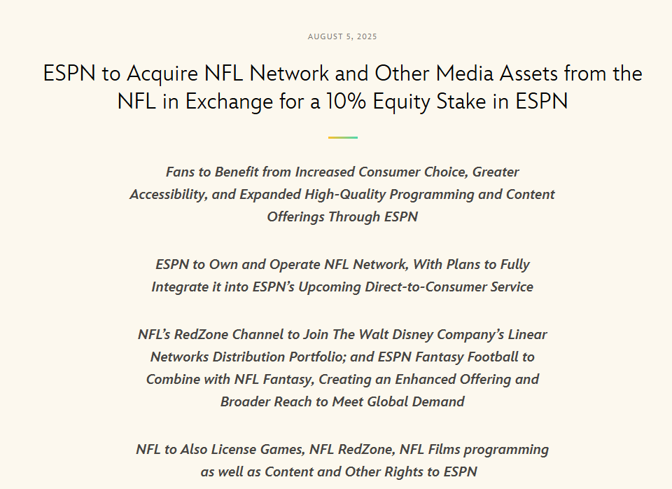 NFL Takes 10% of ESPN as Disney Buys NFL Network Assets | DeepNewz NFL