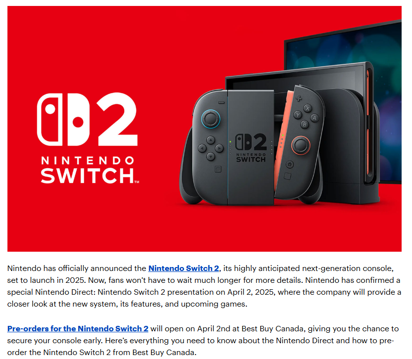 Nintendo Switch 2 Preorders Start April 9, Launch in June 2025 with ...