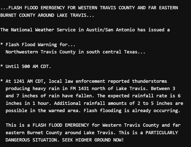 NWS Declares Flash-Flood Emergency Around Lake Travis After Up to 7 ...