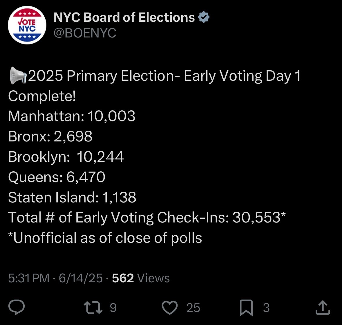 NYC 2025 Mayoral Primary Early Voting Hits 30,553 With Manhattan ...