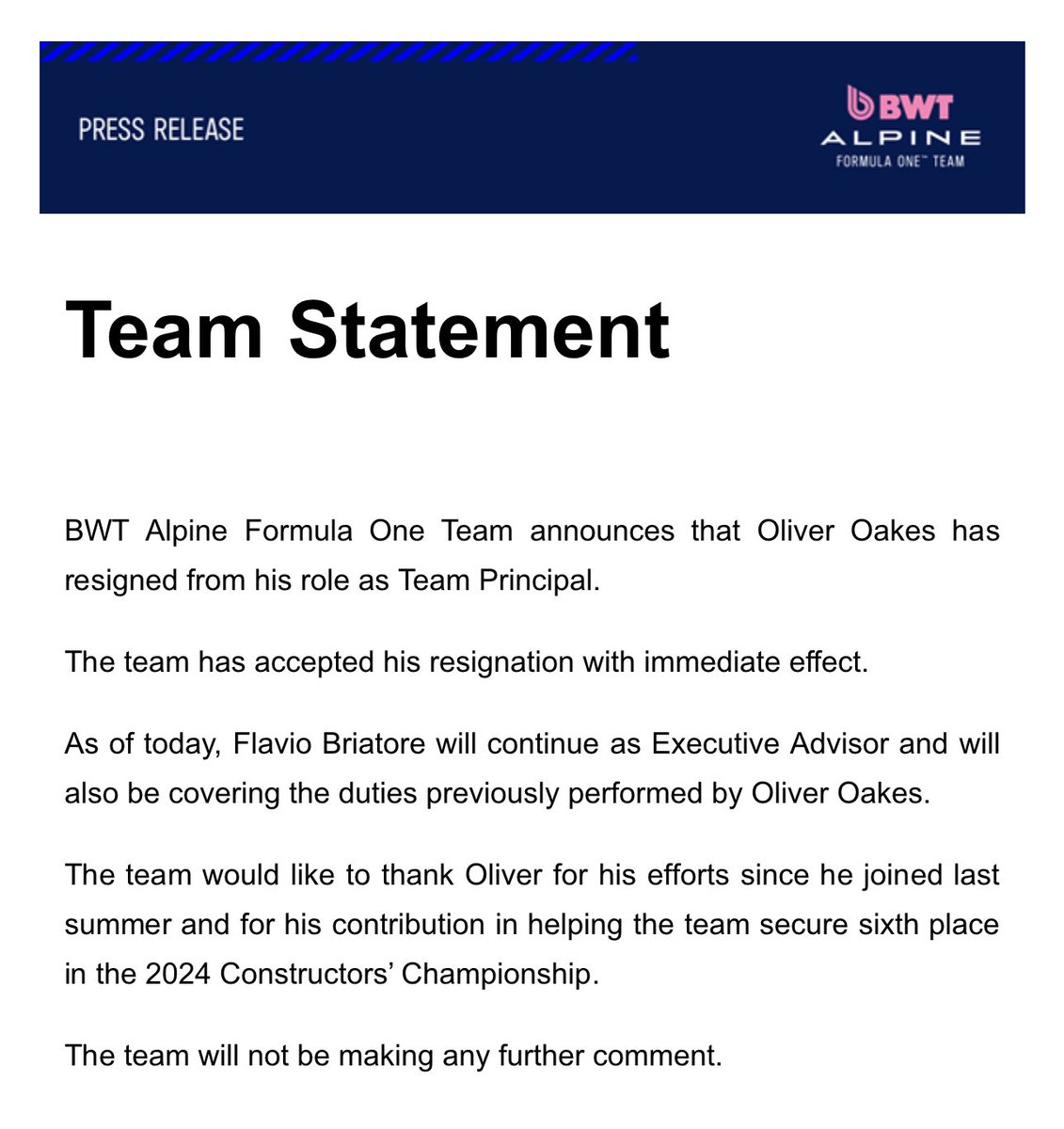 Oliver Oakes Resigns Immediately as Alpine F1 Team Principal; Flavio ...