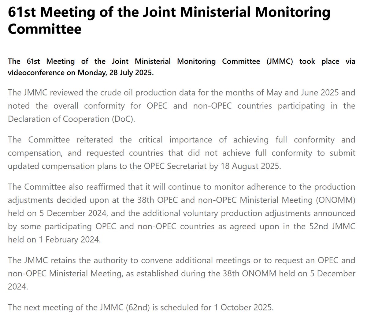 OPEC+ Monitoring Panel Leaves Output Policy Unchanged, Sets Next Review ...