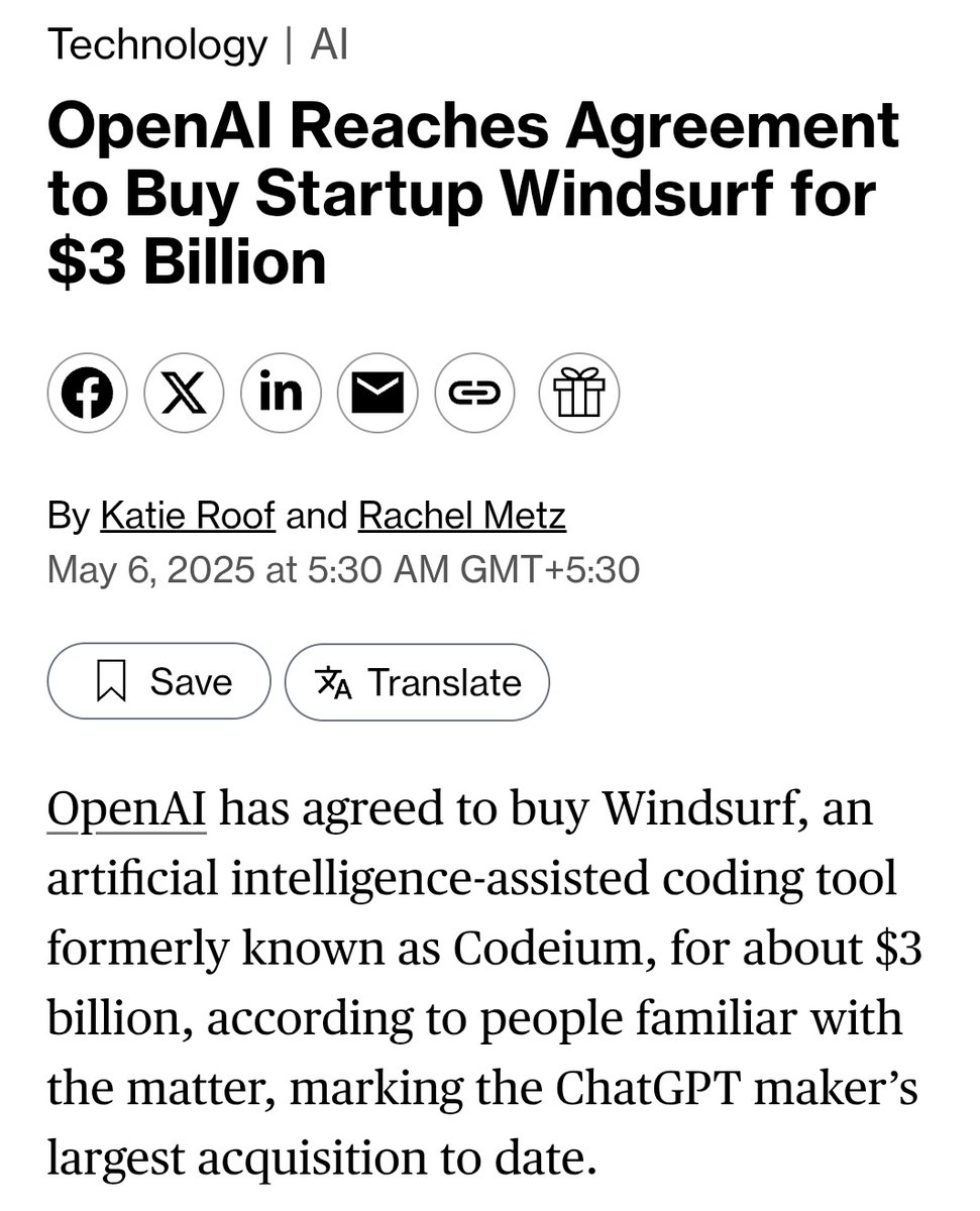 OpenAI Agrees to Acquire AI Coding Tool Windsurf for $3 Billion in Largest Deal Yet | DeepNewz ...