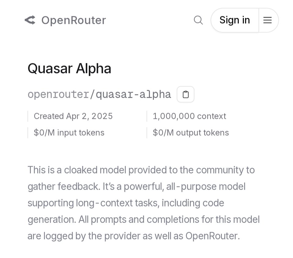 OpenRouterAI Unveils Free Quasar Alpha Model Optimized for Coding with 1 Million Token Context ...