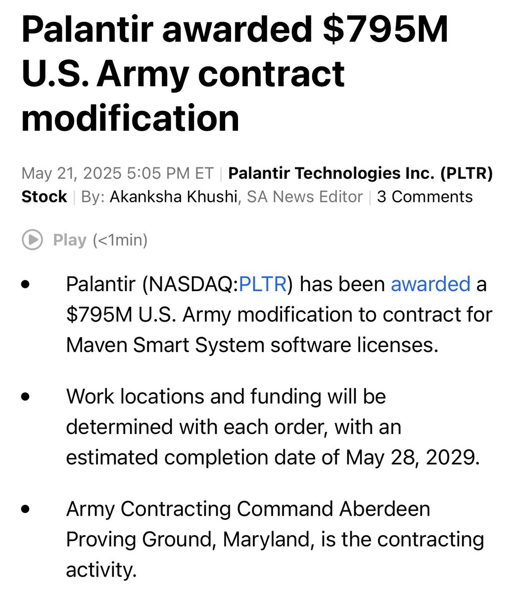 Palantir Secures $795 Million Army Contract Modification, Total $1.275B ...