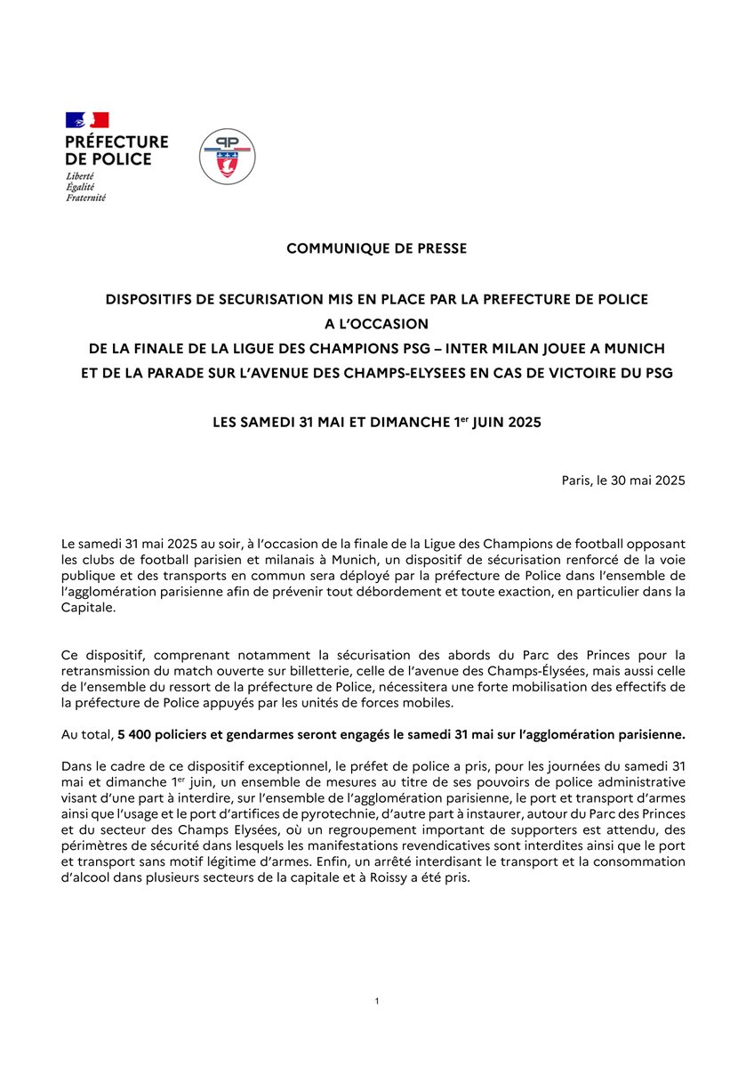 Paris Mobilizes 5,400 Police Near Champs-Élysées for PSG vs. Inter ...