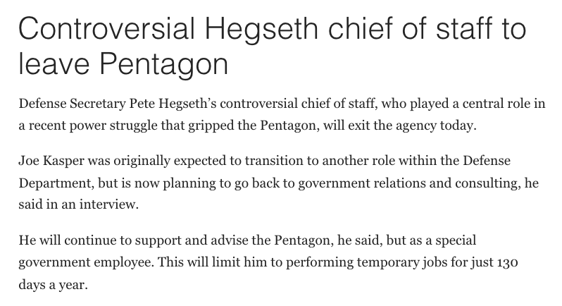 Pentagon Chief of Staff Joe Kasper to Leave Amid Fifth Senior Exit ...