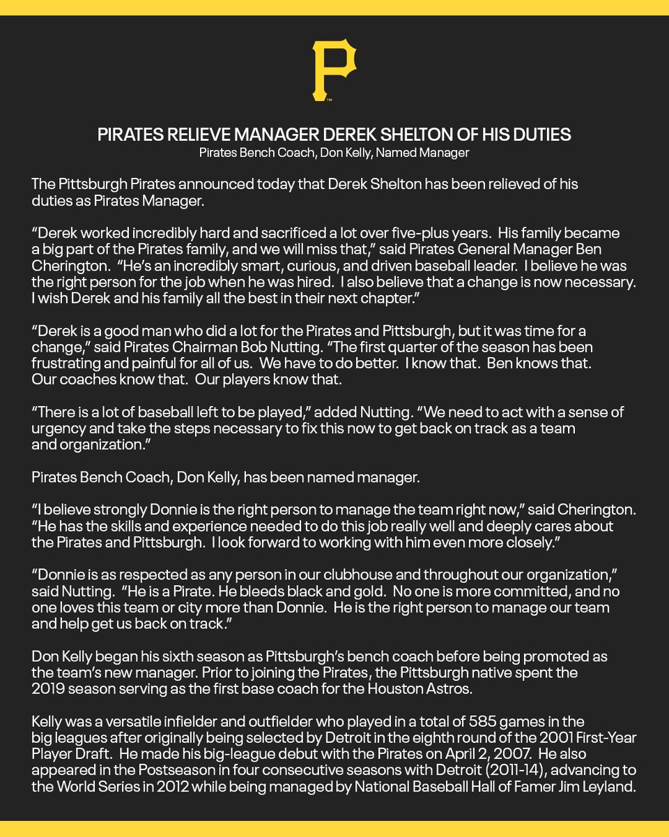 Pirates Fire Derek Shelton 38 Games Into 2025 Season; Don Kelly Named ...
