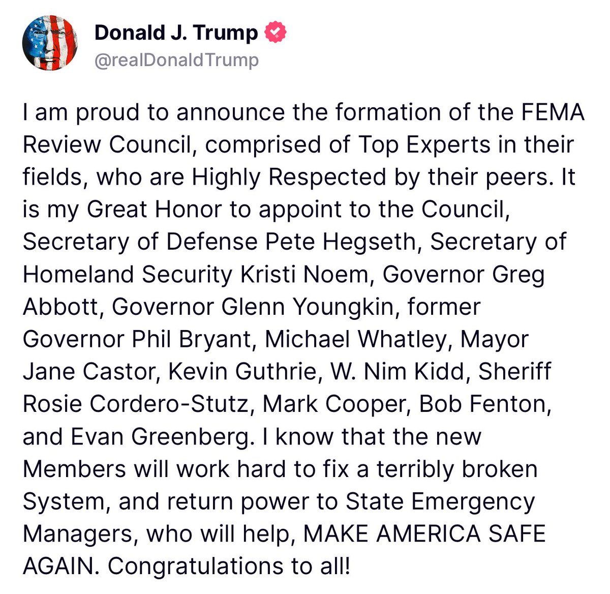 President Trump Forms FEMA Review Council Including Hegseth, Noem ...