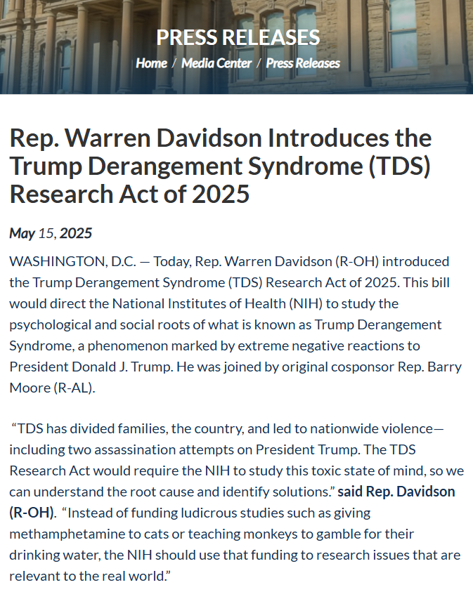 Rep. Warren Davidson Introduces 2025 Bill Directing NIH to Study Trump ...