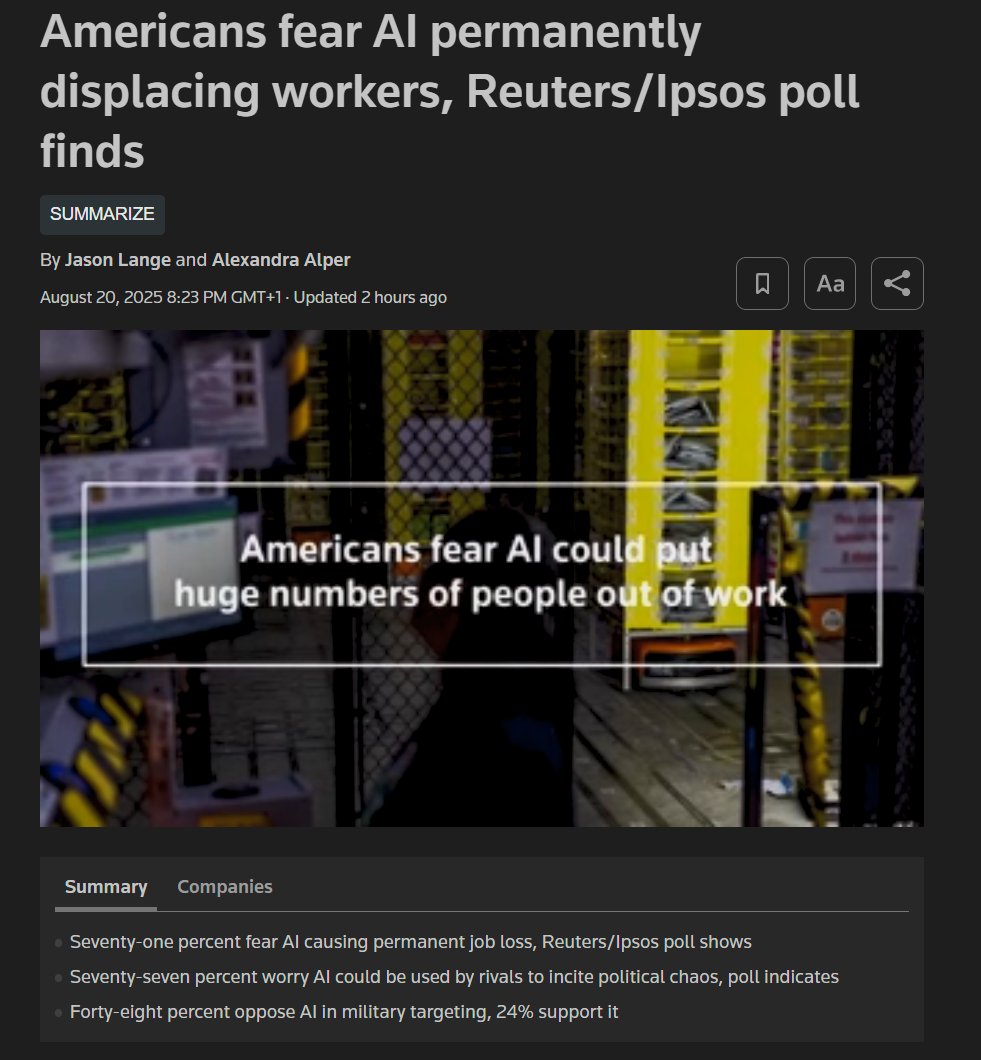 Reuters/Ipsos Poll: 71% of 4,446 Americans Fear AI Job Losses, 77% ...