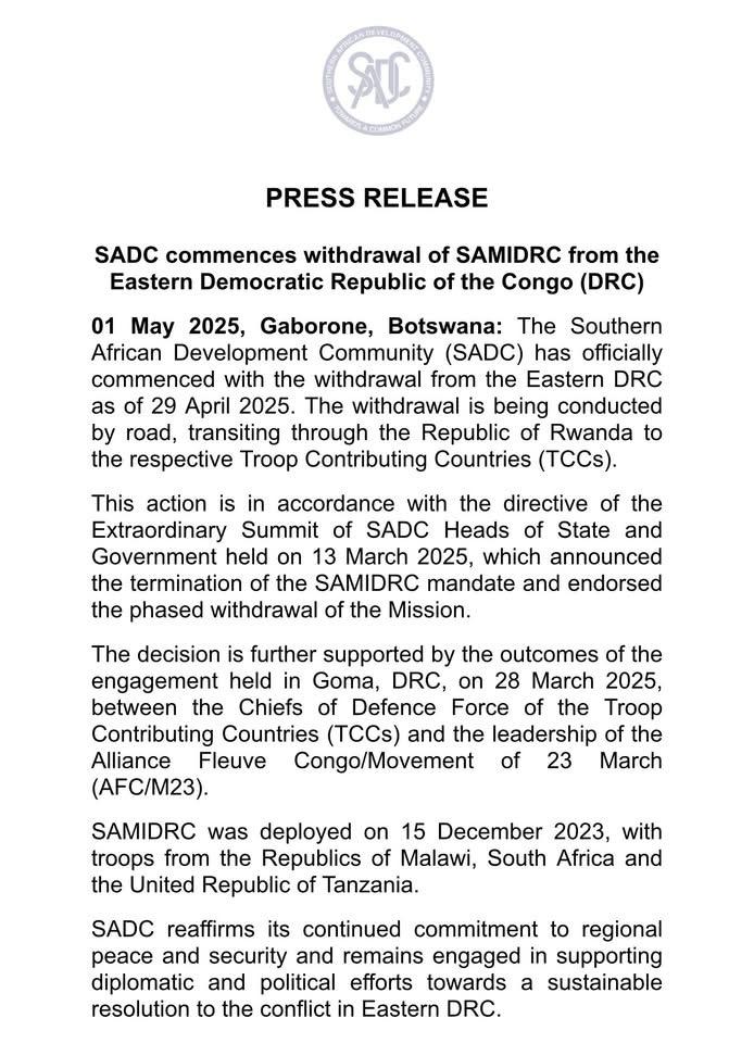 SADC Begins Phased Withdrawal From Eastern DRC After 14 SANDF Soldiers ...