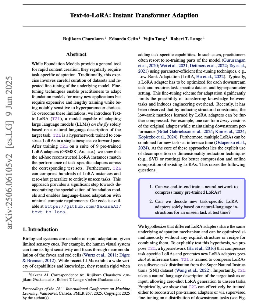Sakana AI Launches Text-to-LoRA for Task-Specific LLM Adapters; MIT Debuts SEAL Self-Adapting AI ...