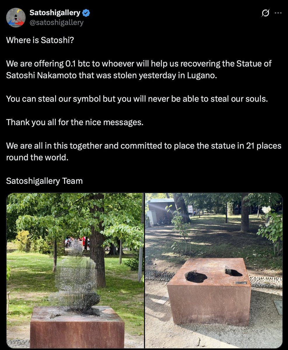 Satoshi Nakamoto Statue Stolen From Lugano’s Parco Ciani | DeepNewz ...