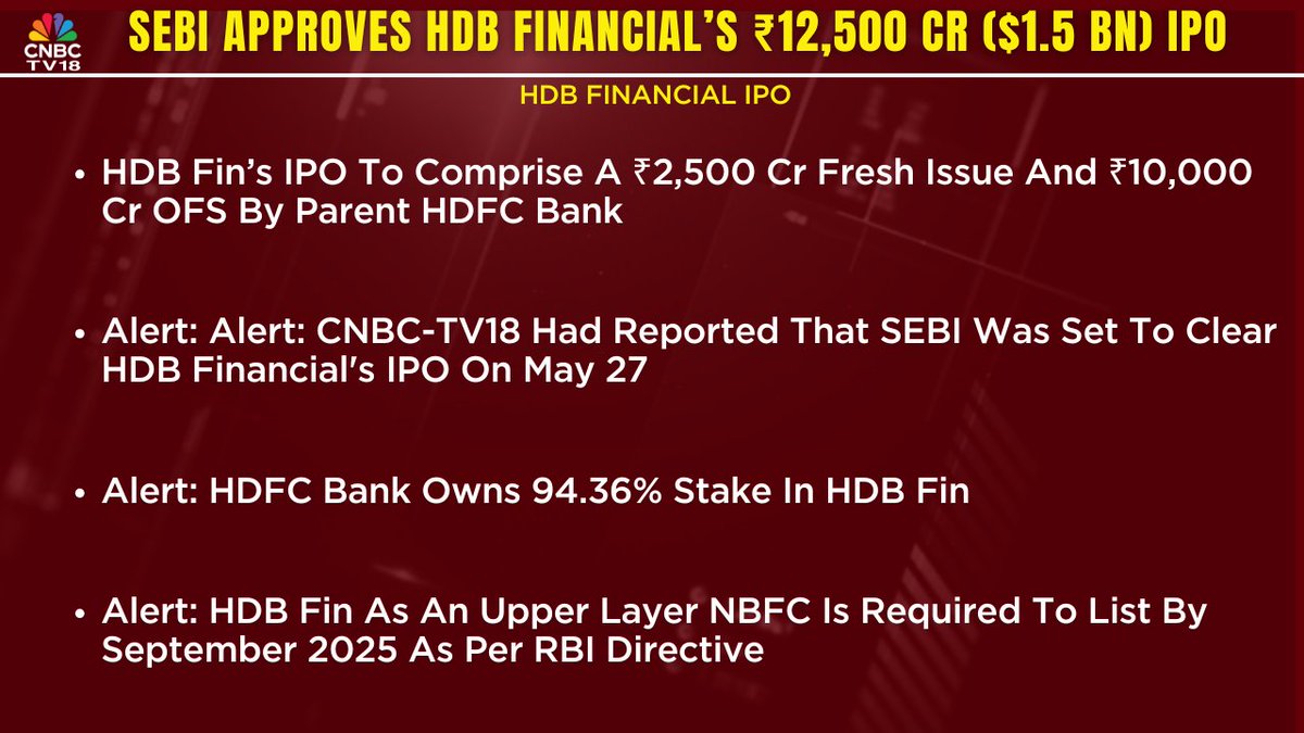 SEBI Approves HDB Financial’s ₹12,500 Crore IPO; Zepto Defers IPO to 2026, Will File DRHP; Yes ...
