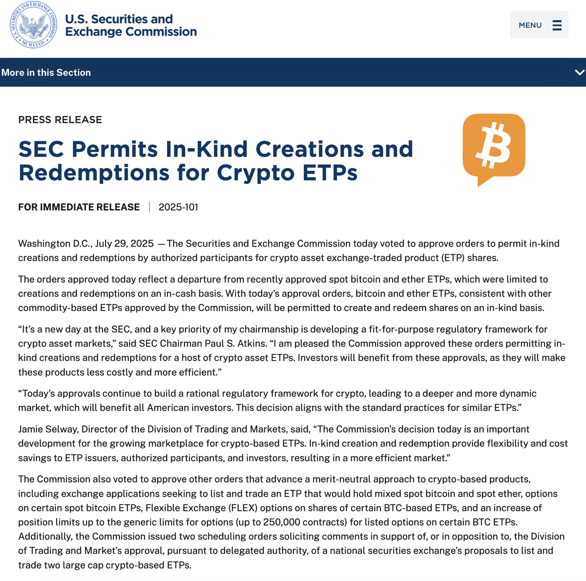 SEC Approves In-Kind Creation and Redemption for Bitcoin, Ether ETFs | DeepNewz Markets