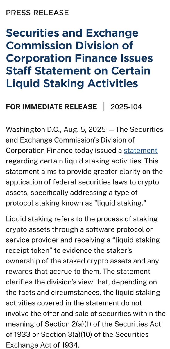 SEC Clarifies Liquid Staking Activities, Receipt Tokens Not Securities, Paving Way for Spot ...