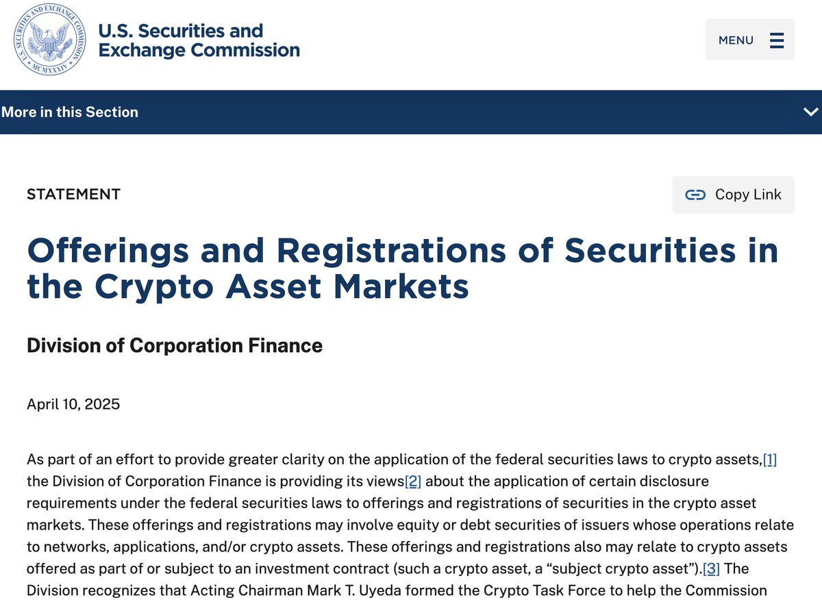 SEC Releases New Guidance on Crypto Securities and Stablecoins on April 10, 2025, Clarifying ...