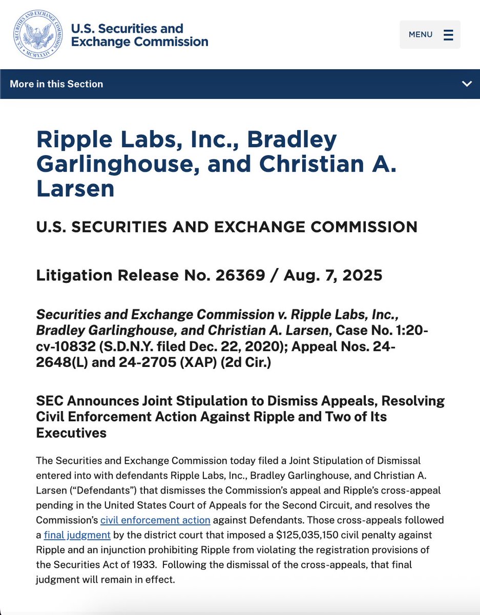 SEC and Ripple End Five-Year XRP Lawsuit With $125M Fine, Judge Torres ...