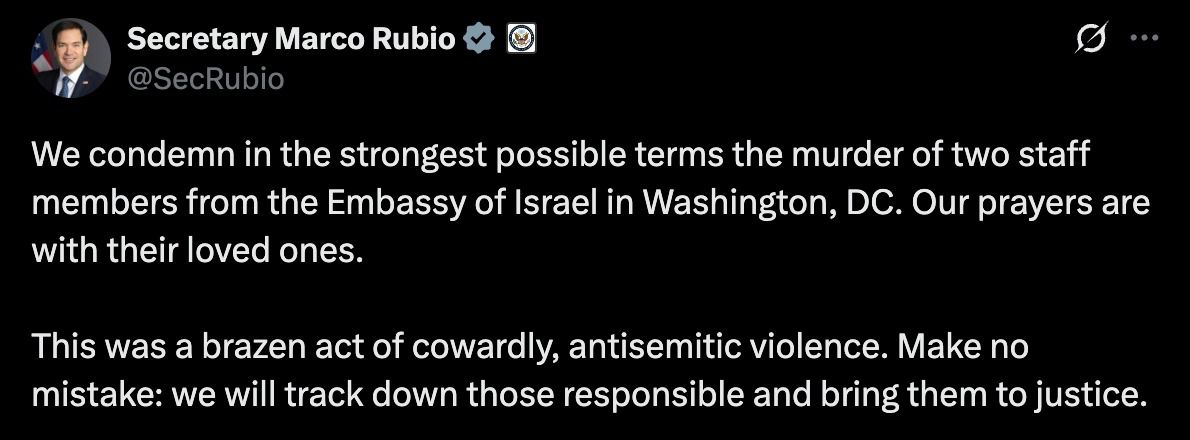 Secretary of State Rubio Vows Justice After Two Israeli Embassy Staff ...