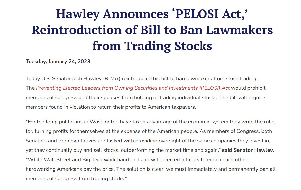 Senator Josh Hawley Reintroduces PELOSI Act to Ban Congressional Stock ...