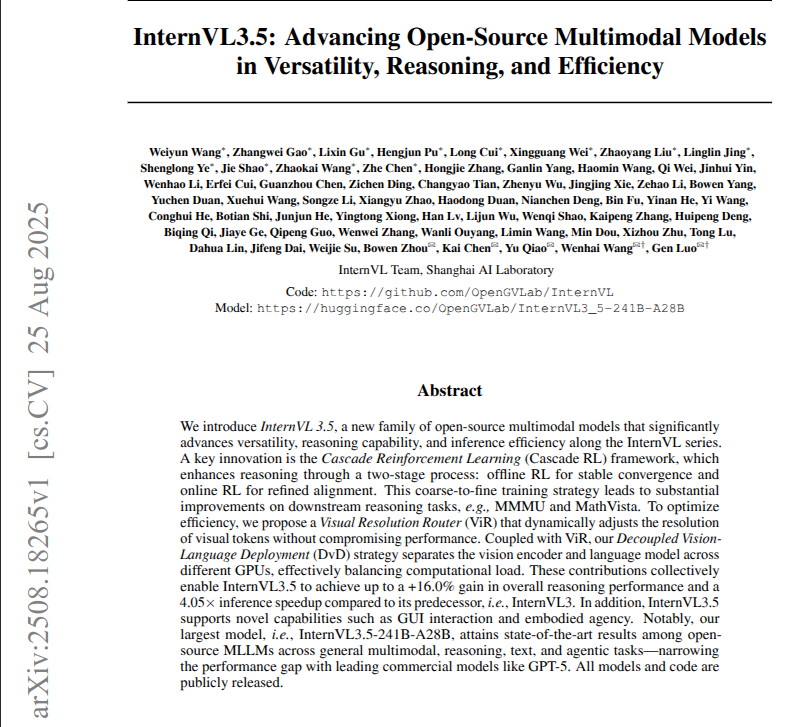 Shanghai AI Lab Launches InternVL3.5 Multimodal AI with 16% Better Reasoning, 4.05× Speed ...