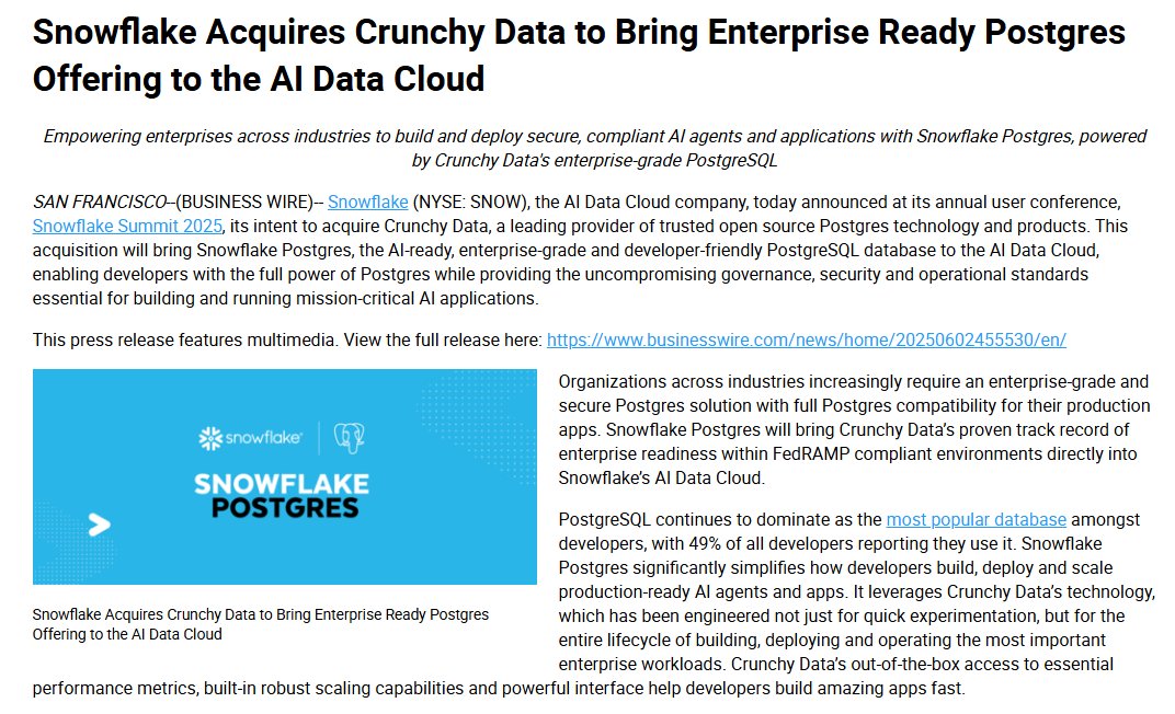 Snowflake to Acquire Crunchy Data for $250 Million, Launching Snowflake Postgres and Expanding ...