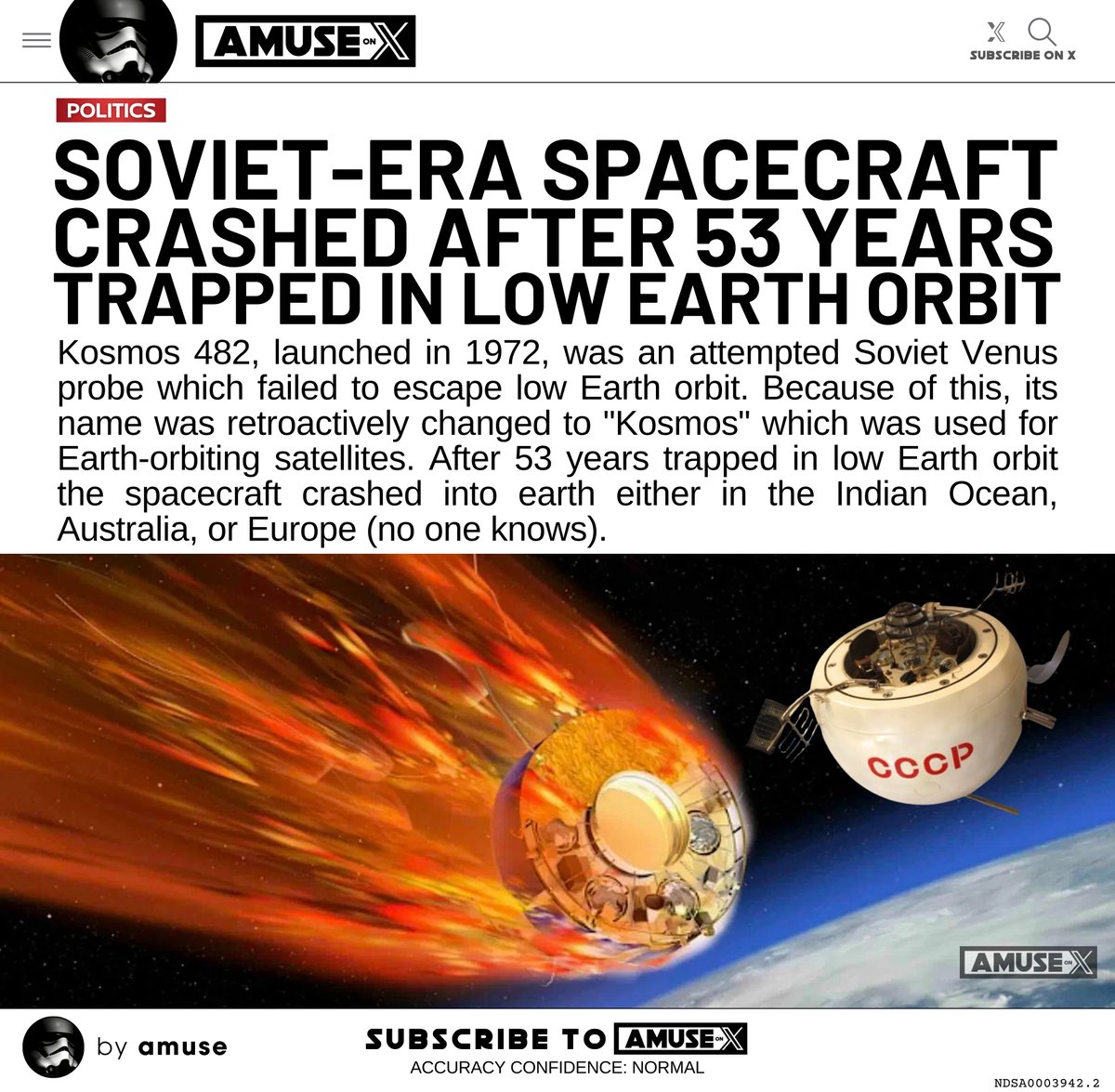 Soviet-Era Kosmos 482 from Venera Program Crashes Into Indian Ocean on ...