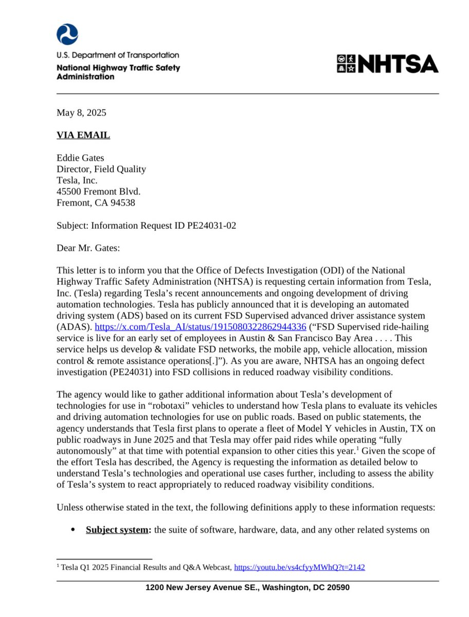 Tesla Faces NHTSA Safety Data Demand Ahead of June 2025 Austin Robotaxi ...