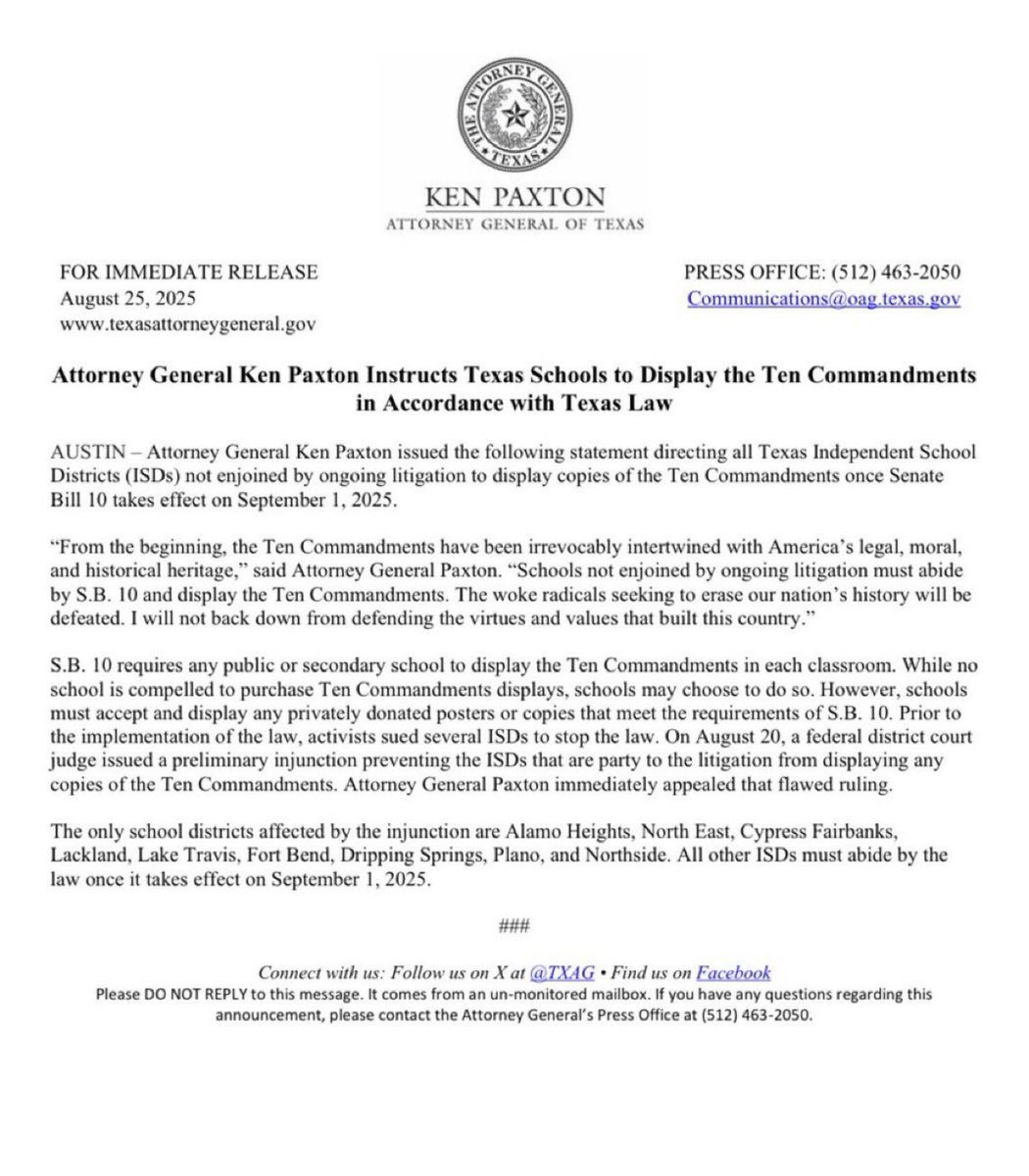 Texas AG Ken Paxton Orders Public Schools to Display Ten Commandments ...