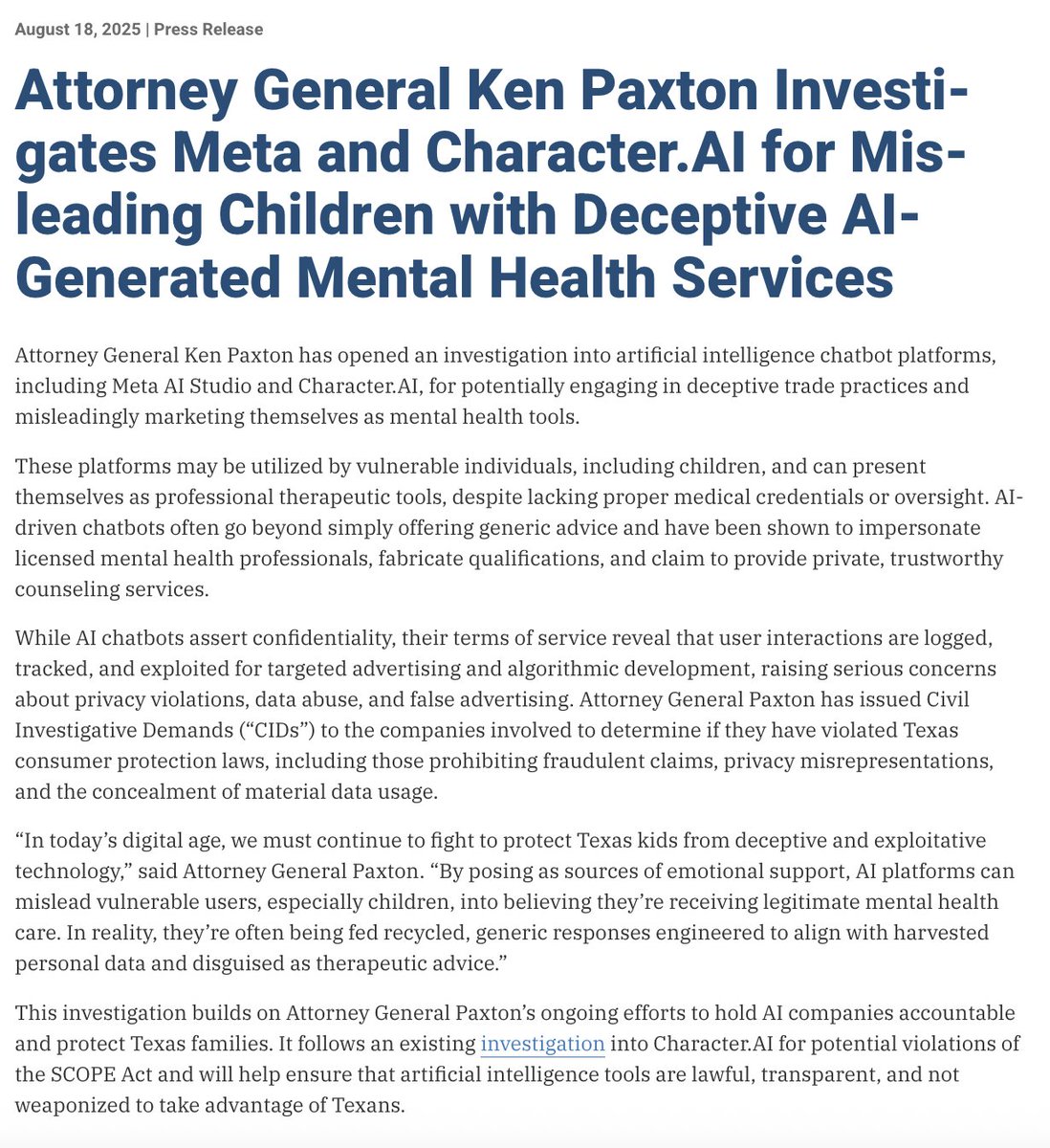 Texas Attorney General Investigates Meta and Character AI for ...