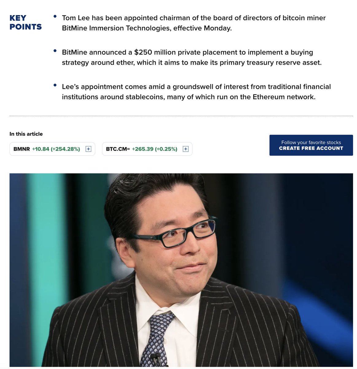 Tom Lee Named Chairman of BitMine as Stock Surges 700%, Raises $250 ...