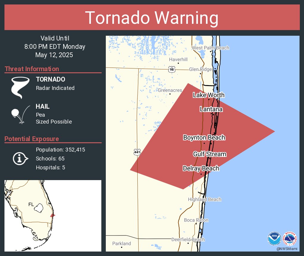 Tornado and Severe Thunderstorm Warnings Until 8 PM EDT with Wind Gusts up to 70 mph in Palm ...