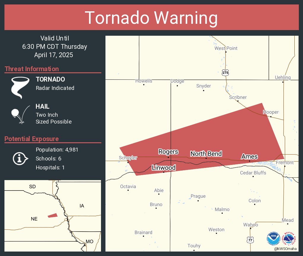 Tornado Warning for Nebraska Counties and Towns Including North Bend ...