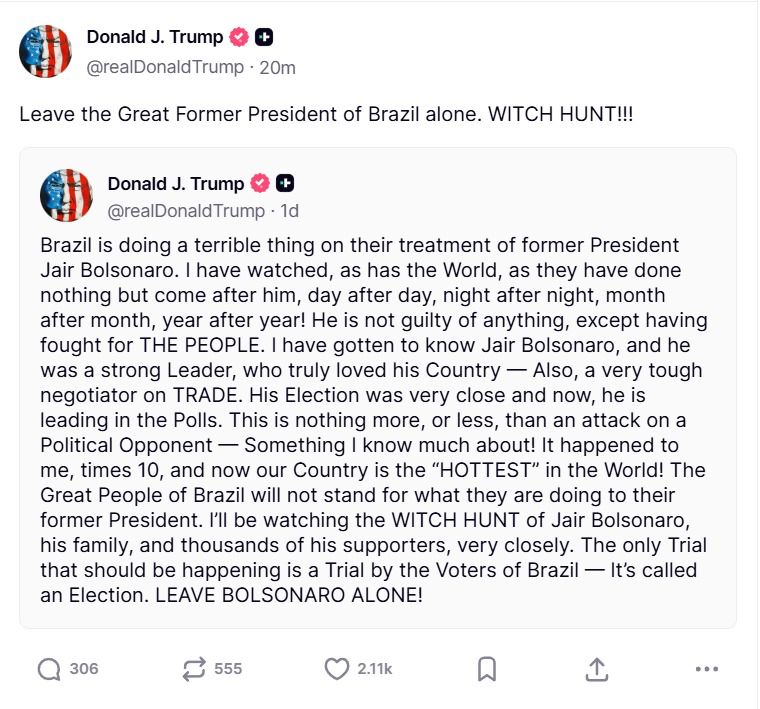 Trump Defends Former Brazilian President Bolsonaro on Social Media ...