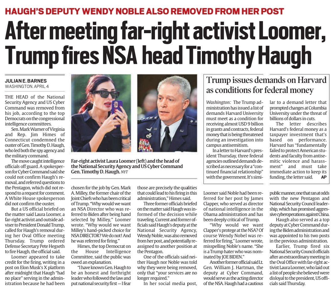 Trump Fires NSA Director General Timothy Haugh and Deputy Wendy Noble ...